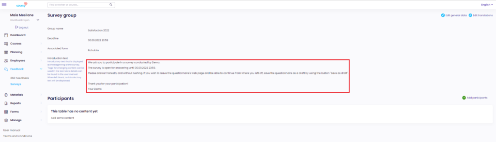 Survey group's introduction text | Coursy